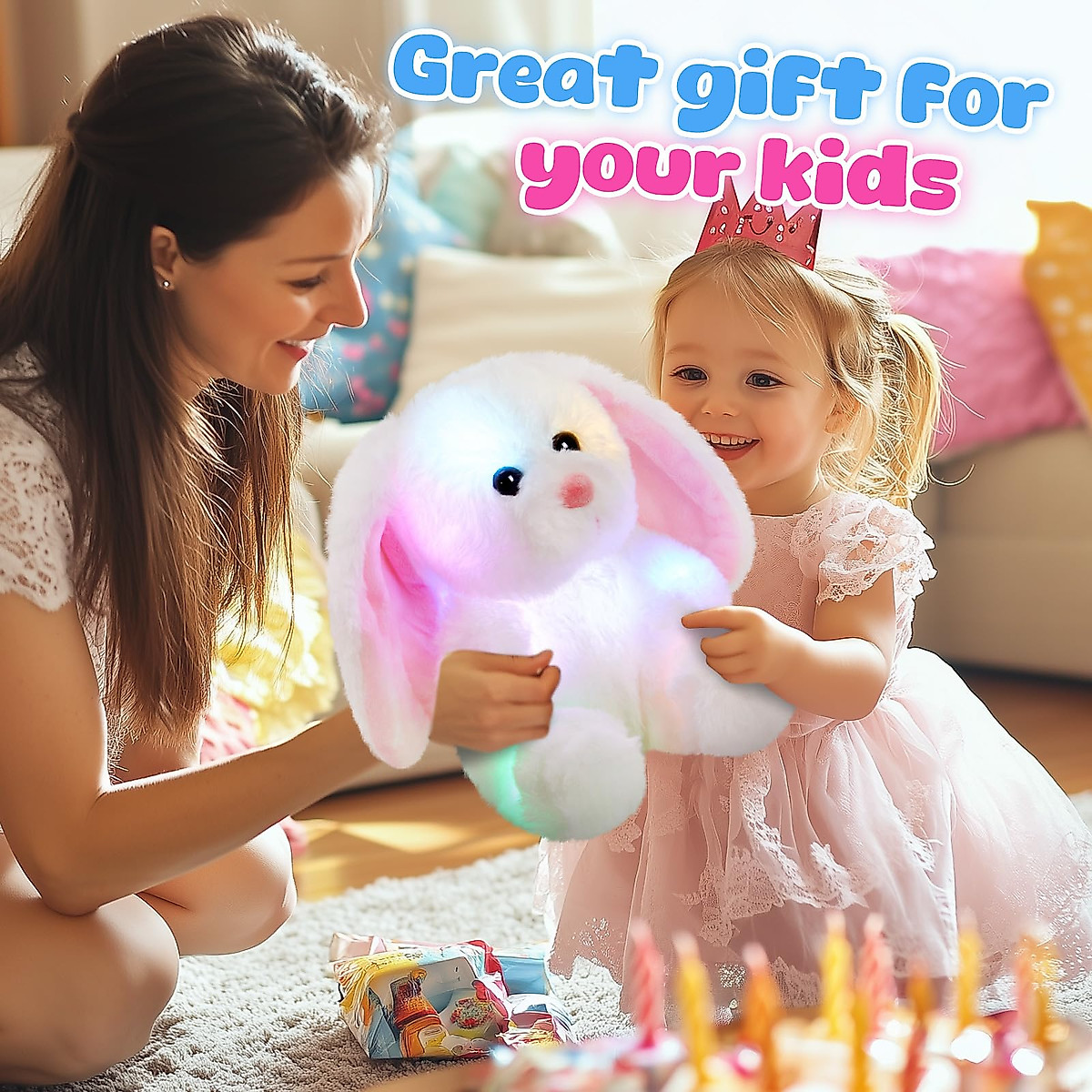 BSTAOFY 8'' Easter Light up White Bunny Soft Plush Toy LED Rabbit Lop Ear Night Light Stuffed Animals Easter Birthday Valentines Day Easter Christmas Festival Gift for Kids Toddlers