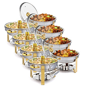 ROVSUN 5QT 8 Packs Chafing Dish Buffet Set Gold Accent, Round NSF Stainless Steel Buffet Warmer Chafers and Buffet Warmers Sets with Glass Lid & Lid Holder for Catering Events Parties Weddings Dinners