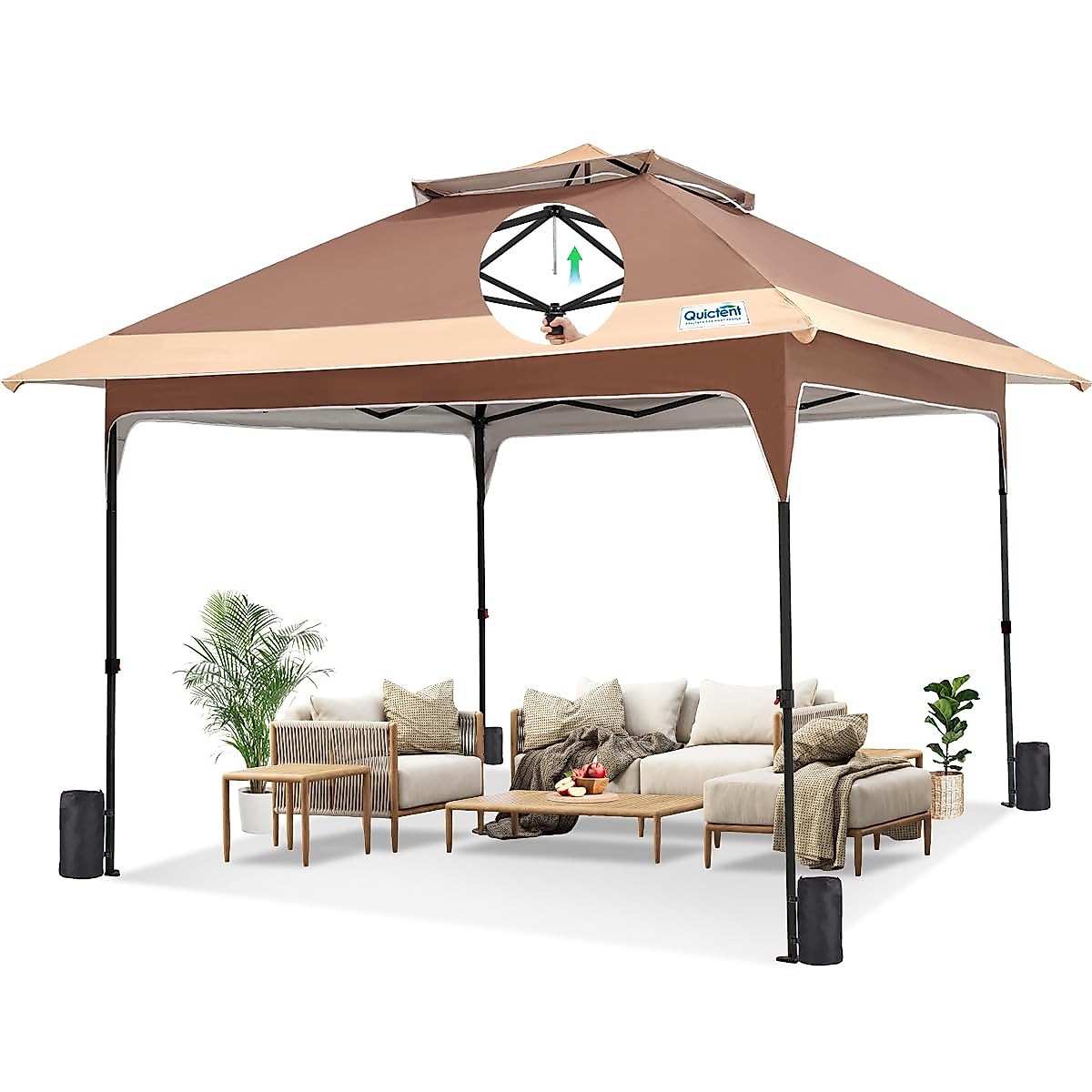 Quictent Pop up Gazebo Canopy 12 x 12, One Person Set up Portable Instant Folding Shelter, Outdoor Canopy Tent with Extra Shade for Backyard, Patio, Party - Tan&Brown