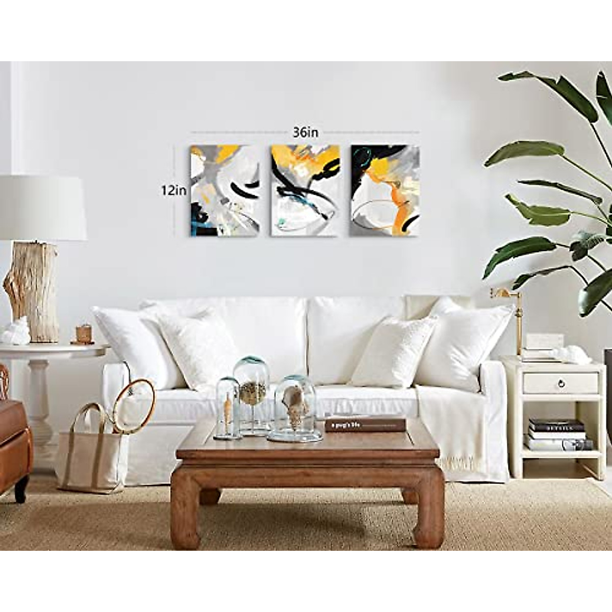 Abstract Wall Art Canvas 3 Piece Pictures for Living Room Wall Decoration Framed Yellow Black and Grey Art Wall Decor for Bedroom Bathroom Decor teal Modern Wall Prints Home Decorations