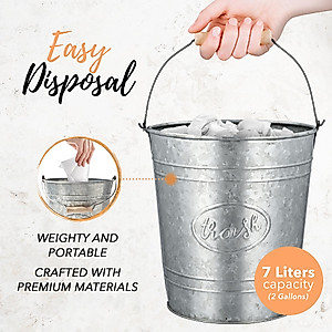 Autumn Alley Farmhouse 2 Pack Bathroom Trash Can - Rustic Galvanized Trash Can Bucket with Wooden Grip for Rustic Bathroom, Farmhouse Kitchen, Country Home Décor, 7 Liter, Galvanized Grey