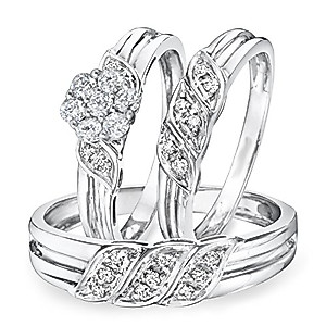 jsjewels 1 CT D/VVS1 Diamond Ladies & Men’s Engagement Wedding Trio Ring Set 14K White Gold Fn