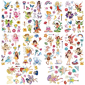 Yarlilyan 100+ Fairy Glitter Tattoos for Girls, Children Birthday Party Favor Temporary Tattoo Sticker, Magic Fantasy Butterfly Flower Pink Fake Waterproof tattoo on kids Body Hand Arm Face 10 Sheets