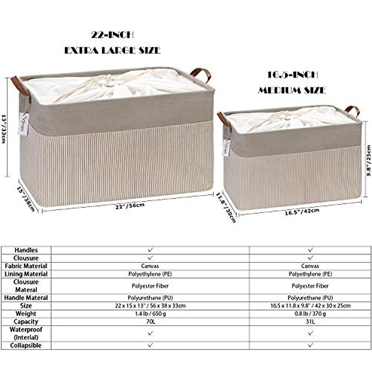 Hinwo 70L Extra Large Capacity Storage Basket with Handles, Canvas Fabric Storage Bin, Rectangle Storage Box, Clothes, Toys Organizer for Nursery, Kid’s Room, 22 x 15 inches, Waterproof, Grey Streak