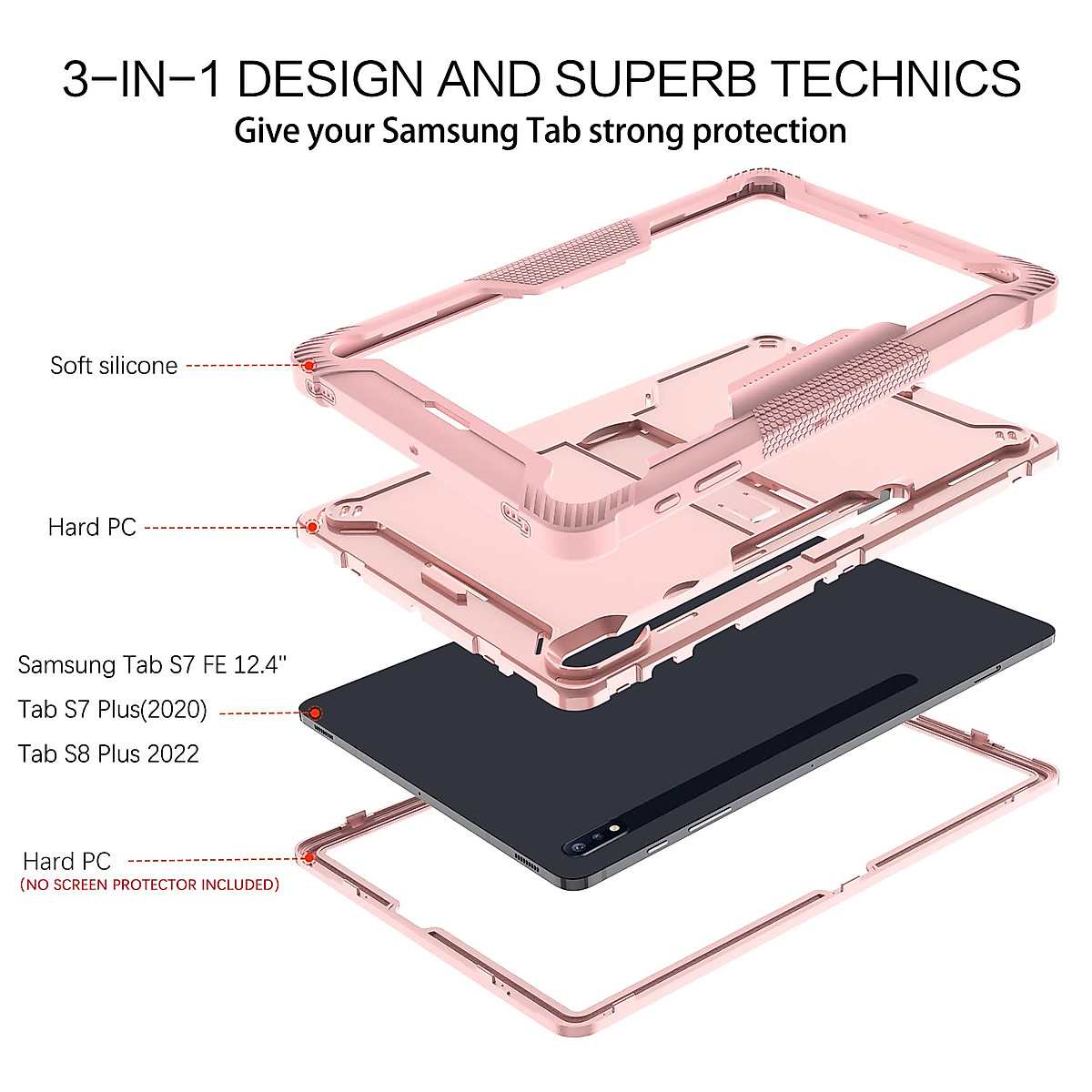 GaoBao Samsung Tab S7 FE 12.4'' Case, 3 in 1 Heavy Duty Pencil Holder Hybrid Hard Soft Bumper Drop Protective Tablet Case for Samsung Galaxy Tab S7 FE 12.4''/ S8 Plus 2022/ S7 Plus 2020, Rose Gold.