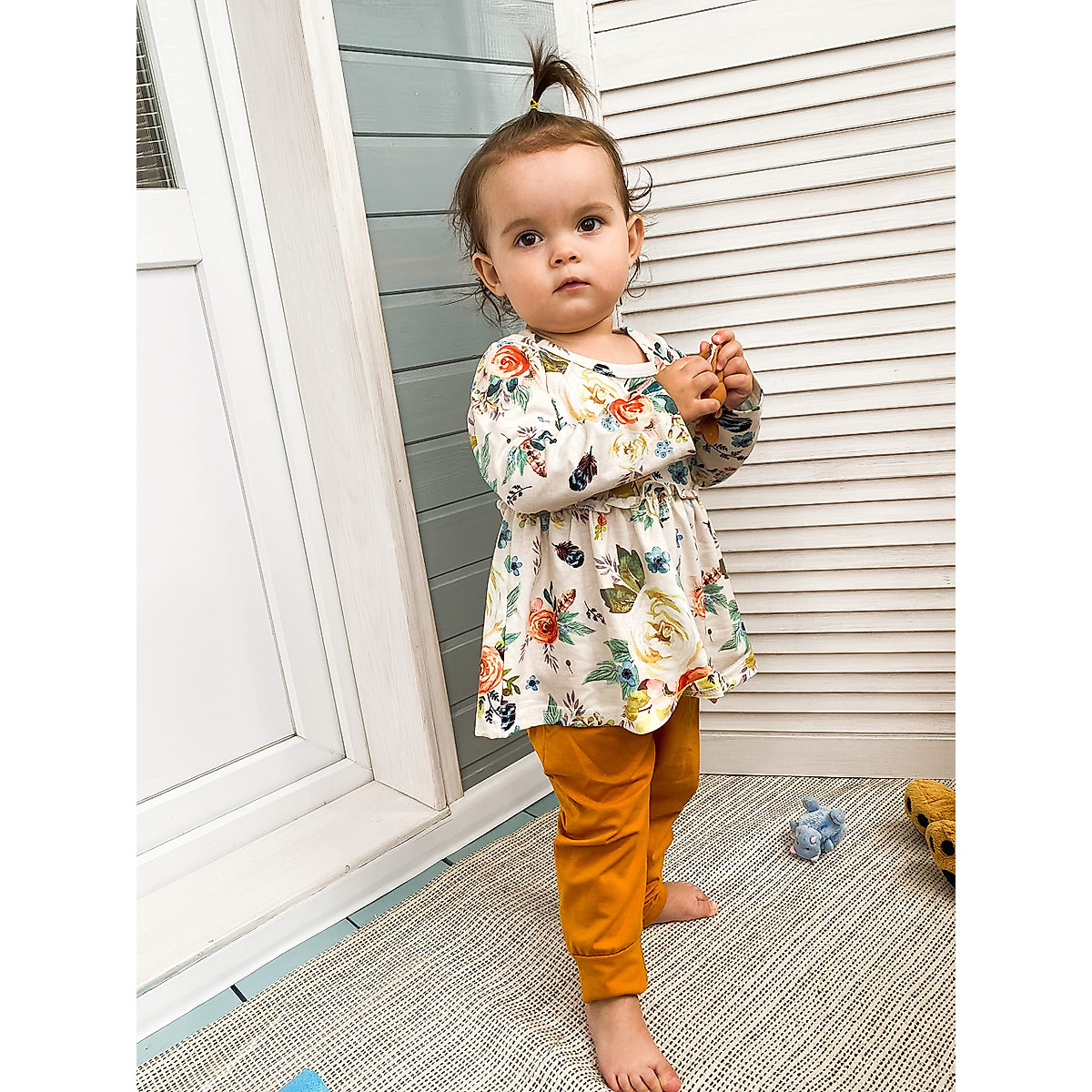 3PCS Baby Girl Clothes Ruffle Floral Shirt Tops Pants Headband Outfit Sets (Yellow, 9-12 Months)