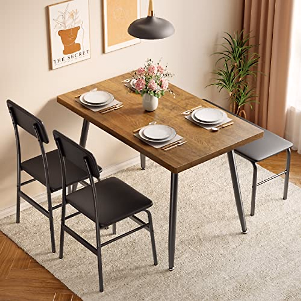 Gizoon Dining Table Set for 4, Kitchen Dining Table with Bench and 2 Chairs for Small Space, Apartment, Retro Brown