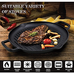 Cast Iron Grill Pan 12.6 inch Pre-Seasoned Cast Iron Griddle pan Dual Handles Cast Iron Skillets for BBQ Round Cast Iron Pan Griddle Pan for any Stove top and all Cooking tops