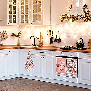 Preboun 6 Pcs Christmas Kitchen Towels Santa Reindeer Stripe Dish Towels Christmas Hand Towels Pink Farmhouse Tea Towels for Xmas Kitchen Bathroom Decor