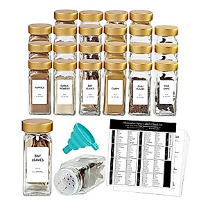AYOUSIN 24 Spice Jars with Labels - 4oz Glass Spice Jars with Shaker Lids, 192 Spice Labels, 24 DIY Labels & 66 Expiration Labels - Spice Containers with Gold Lids - Seasoning Jars for Spice Rack