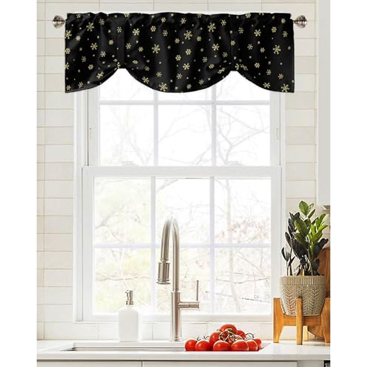 Tie Up Valance Curtains for Window, Gold Snowflakes Curtain Valance Adjustable Balloon Shade Window Valance for Living Room Bedroom Short Curtain Seasonal Winter Christmas Black Backdrop 42"x12"