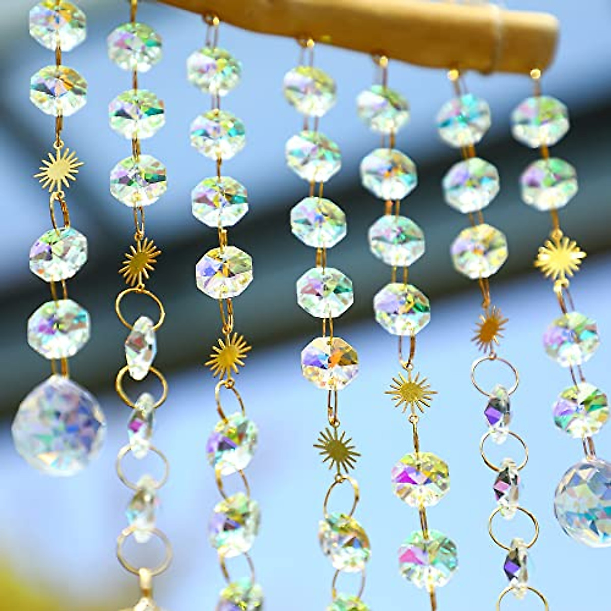 Hanging Window Suncatcher Rainbow Maker Glass Crystal Mobile Wind Chimes with AB Prisms & Natural Leaf Drops Home Wall Art Decoration Gift