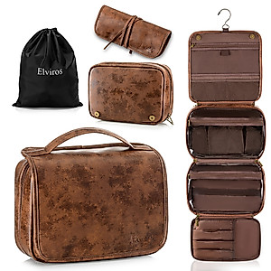 Elviros Hanging Toiletry Bag Removable Travel Bag PU leather Makeup Cosmetic Organizer Kit, Dark Brown