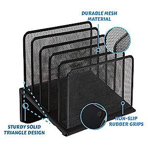1InTheOffice Metal Mesh File Organizer, Black Wire Mesh 5 Section Incline Sorter, Black Finish
