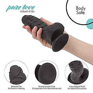 Pure Love 7 Inch Fantasy Silicone Dildo with Suction Cup, Ribbed & Studded, Black Color, Adult Sex Toy
