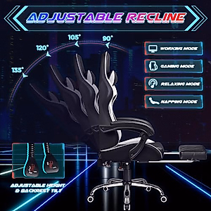 Shahoo Gaming Chair with Footrest and Massage Lumbar Support, Ergonomic Computer Seat Height Adjustable with 360°Swivel and Headrest, White