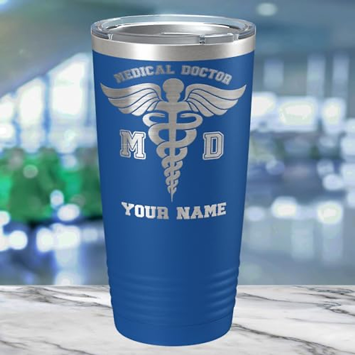 Personalized MD Medical Doctor Gift on Blue 20 oz Stainless Steel Tumbler with Lid - Insulated Cup - Custom Travel Mug