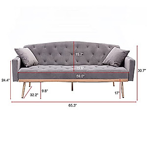 NOSGA Velvet Sofa, Convertible Loveseat Accent Sofa with Two Pillows, Modern Sleeper Sofa Couch Rose Gold Metal Feet for Living Room, Bedroom (Grey)
