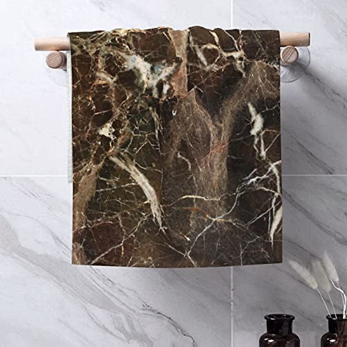 Dark Brown Marble Texture Luxury Hand Towels Set of 2, Super-Absorbent Ultra Soft Bathroom Towel Kitchen Dish Washcloth for Bathroom Kitchen Yoga Gym Decor 27.5x15.7 Inch