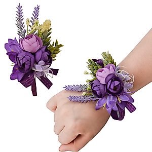 URROMA Wrist Corsage and Boutonniere Set, 1 Set Small Rose Purple Hand Flower for Prom Artificial Wedding Wrist Corsage for Wedding Party Prom