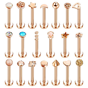 Subiceto 16G Stainless Steel Forward Helix Monroe Labret Lip Nose Studs for Men Women Tragus Cartilage Stud Earrings Cz Balls Heart Flower Medusa Piercings 20 Pcs
