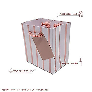 Rose Gold Gift Bags - 12 Pack Mini Metallic Paper Gift Bags with Handles, Chevron, Polka Dot & Stripe, Extra Small Gift Wrap Euro Totes for Birthday Parties, Weddings, Holidays Bulk - 4x4.5x2.75