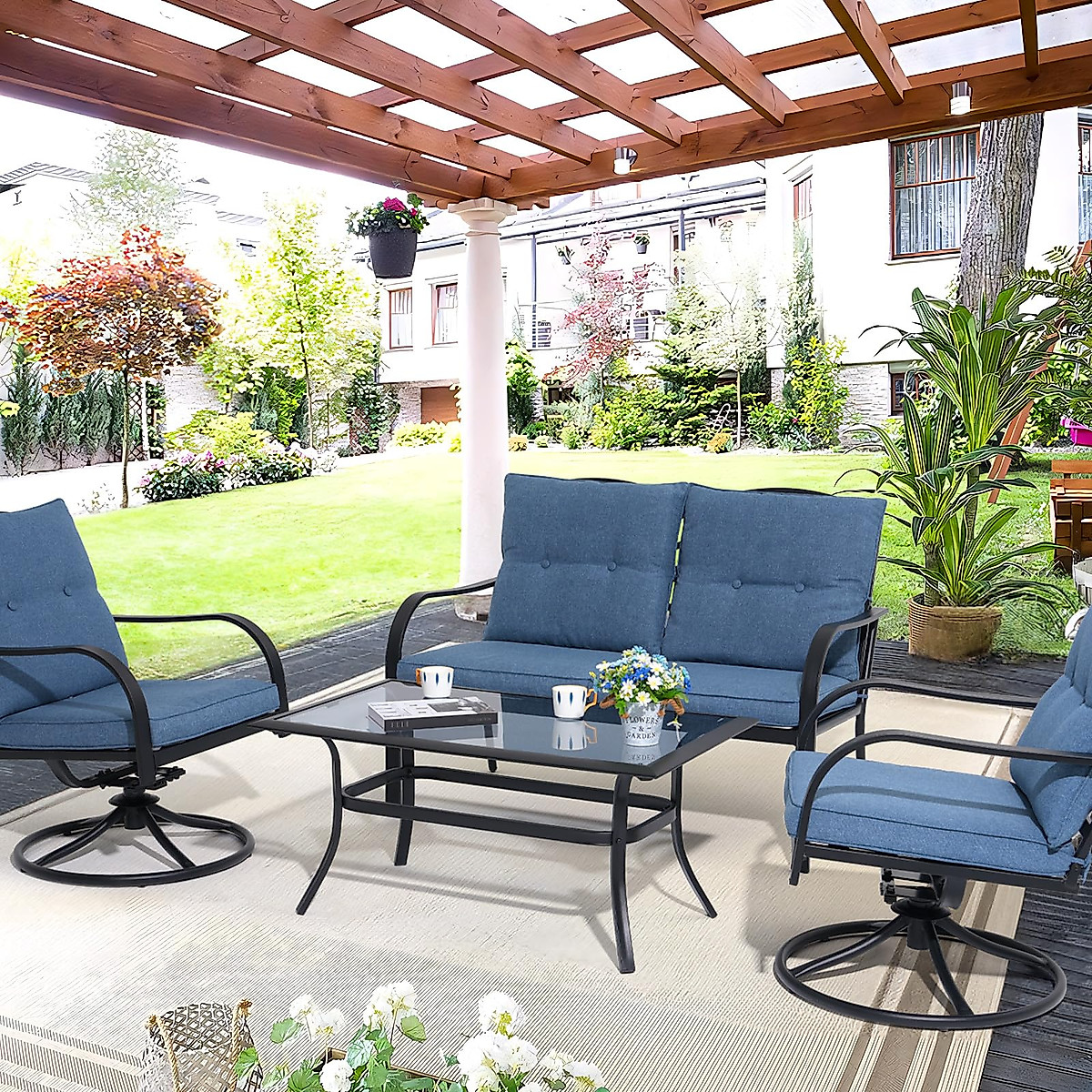 JARDINA 4 Pieces Patio Furniture Set, Metal Outdoor Patio Furniture, All-Weather Patio Conversation Set with Loveseat Sofa, 2 Swivel Chairs, Coffee Table and Cushions for Backyard Deck, Blue