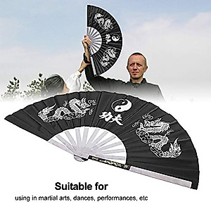 Folding Hand Fan, Stainless Steel Tai Chi Kung Fu Fan/Karate Fans/Chinese Kung Fu Fighting Fans/Wushu Fan for Performance Dance (Black)