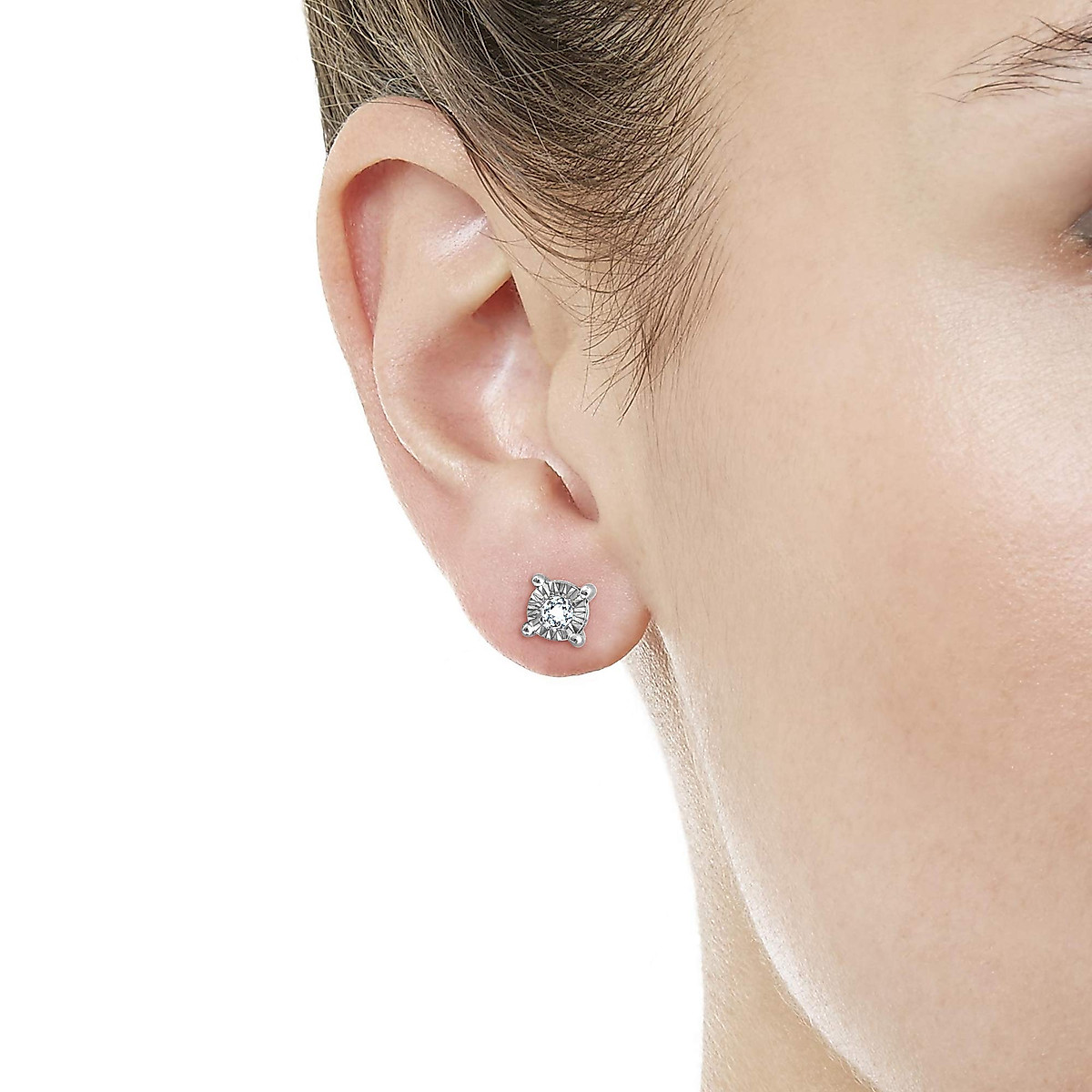 14k White Gold Diamond Miracle Plate Stud Earrings for Women (0.05 cttw, Color- IJ, Clarity I2/I3) 4-Prong Basket Set, Screw-Back Clasps Diamond Stud Earrings