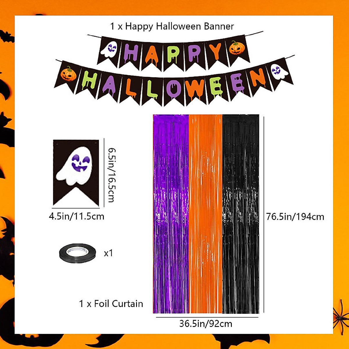 Halloween Party Decorations Happy Halloween Banner Foil Balloon Fringe Curtain Cake Topper Spider Web and 3D Bat, Halloween Party Favors Supplies