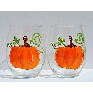 Pumpkin Hand Painted Stemless Wine Glasses Set of 2 Thanksgiving Home Decor