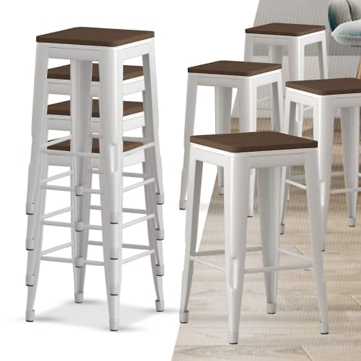 Mjkone 26.4'' Square Metal Bar Stool,Indoor Outdoor Stackable Barstools,Modern Industrial Top Bar Stools Set of 2(White)