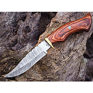 Custom Handmade Hunting Knife Skinner Fixed Blade Knife Damascus Steel 10'' Overall Rose Wood With Sheath