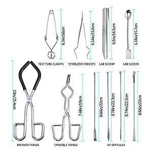 AuInn Scientific Labwares Lab Tools Starter Kit, Includes Crucible Beaker Tongs Lab Spatula Scoop Spoon Test Tube Clamps Sterilizer Forceps Tweezers