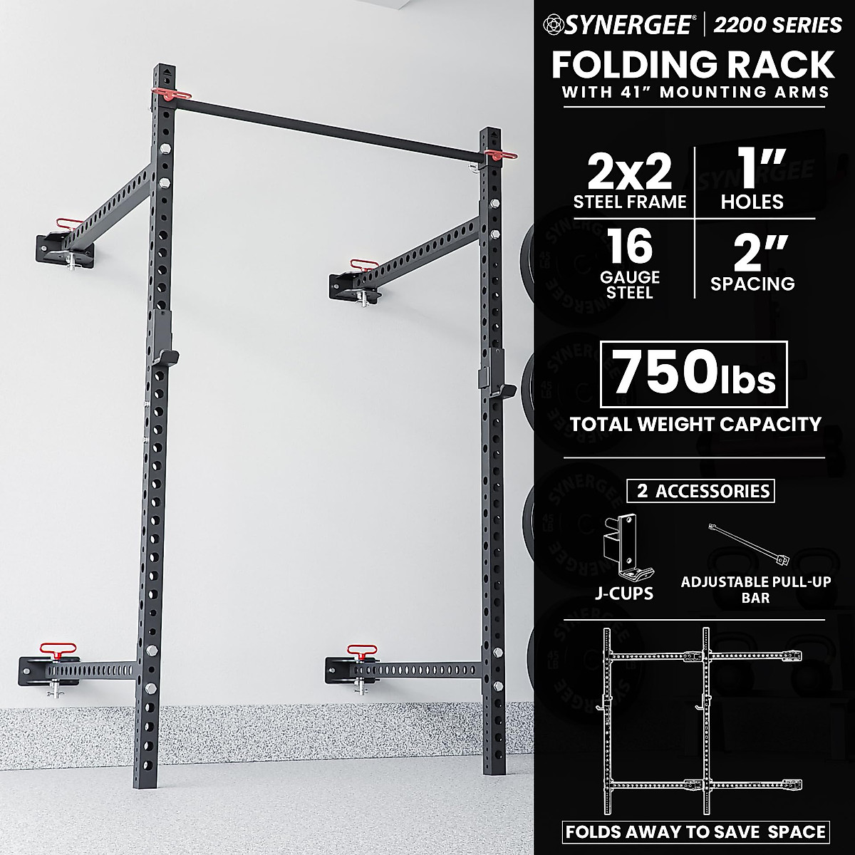 Synergee 2200 Series Folding 79" by 41” Squat Rack with J-Cups & Adjustable Pull Up Bar. Exercise Stand with 750lb Capacity. Power Cage