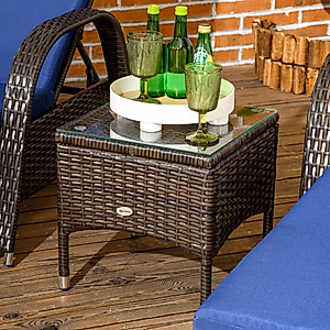 Outsunny Wicker Outdoor Chaise Lounge Set of 2, 5-Level Adjustable Backrest PE Rattan Pool Lounge Chair with Wheels, Cushion & Headrest, Brown and Dark Blue