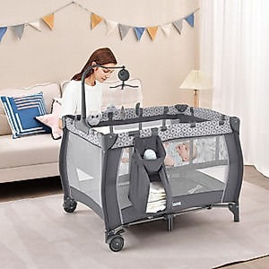 INFANS 3 in 1 Pack and Play, Portable Travel Baby Crib Bassinet with Detachable Mattress, Newborn Changing Table, Foldable Playpen with Carry Bag and 2 Wheels (Classic)