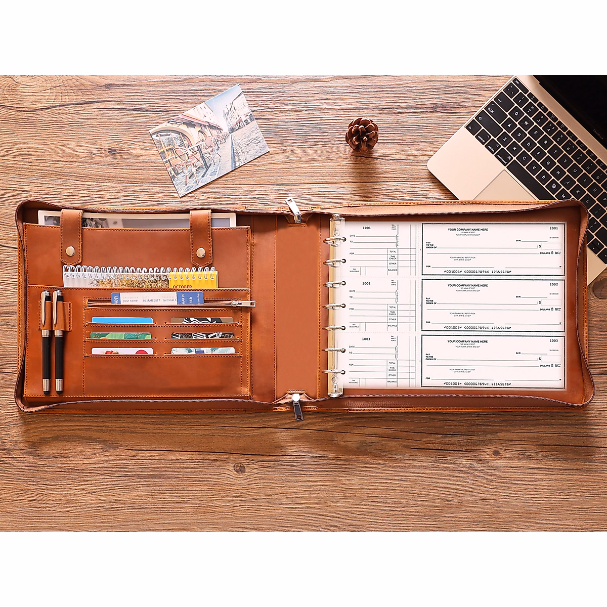 7 Ring Check Binder for Business Checks, Checkbook Binder with Zipper for 3-up Business Checks,Personalized Check Book Portfolio for 9 x 13 inch Sheets 600 Check, Check Holders for Men/Women