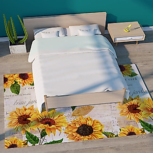 Sunflower Rug 5' x 7' Large Oil Painting Artwork Rugs for Living Room Bedroom, Non Slip Washable Low-Pile Soft Indoor Floor Throw Carpet for Apartment Bathroom Dining Room