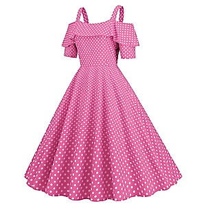 UNSERE Womens Trendy Off Shoulder Vintage Large Swing Dress Sexy Suspender Ruffled Short Sleeve Polka Dot Dresses Elegant High-Waist 50S Retro Prom Party Dress for Halloween(Pink,XX-Large)