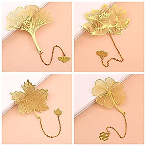 SAVITA 4 Pcs Metal Bookmarks with Chain, Hollow Leaf Bookmark with Lotus Ginkgo Maple Four-Leaf Clover Patterns, Flower Bookmarks for Book Lovers (Golden,4 Styles)