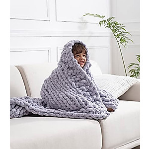 clootess Chunky Knit Blanket Chenille Throw - 100% Hand Knit with Jumbo Chenille Yarn Soft Cozy for Sofa Bed Home Decor (Grey 24x40 in)