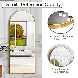 JAWGLOW Arched Full Length Mirror, 64" x 21" Free Standing Floor Mirror, Modern Full Body Mirror with Stand, Wall Mirror with Aluminum Alloy Frame for Bedroom,Living Room, Gold