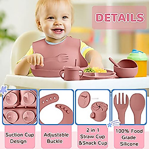 Newtay 8 Pack Baby Feeding Eating Supplies Silicone Suction Divided Plate Bibs Bowl Placemat Spoon and Fork Cup with Straw Tableware Set for Toddler (Dark Pink), 1.0 Count