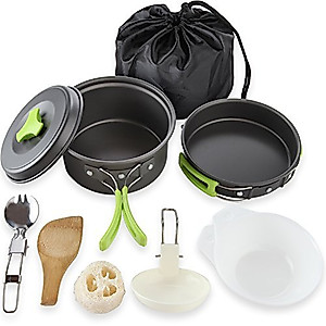 1 Liter Camping Cookware Mess Kit Backpacking Gear & Hiking Outdoors Bug Out Bag Cooking Equipment 10 Piece Cookset | Lightweight, Compact, & Durable Pot Pan Bowls - Free Folding Spork, Nylon Bag