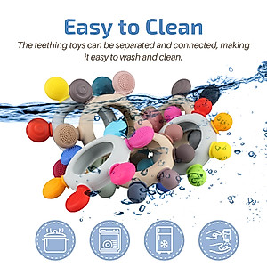 Baby Teething Toys, Silicone Chewable Teethers with Wooden Ring for Soothing Babies Gums, Rudder Chewers Shower Gift for lnfants & Toddlers, 3+ Months (6 Directions, Gray)