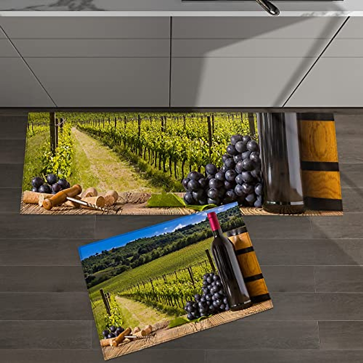 Miaklek Red Wine Kitchen Mats for Floor Anti Fatigue Mats for Kitchen Floor Kitchen Rugs Cushioned Mats Non Slip Comfort Standing Kitchen Rugs Set of 2, Grassland Sky Wine Cask