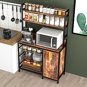 NAIYUFA Kitchen Bakers Rack with Baskets and Door,Industrial Microwave Oven Stand,Kitchen Utility Storage Shelf,Free Standing Kitchen Utility Cart Storage Shelf Organizer with Hooks