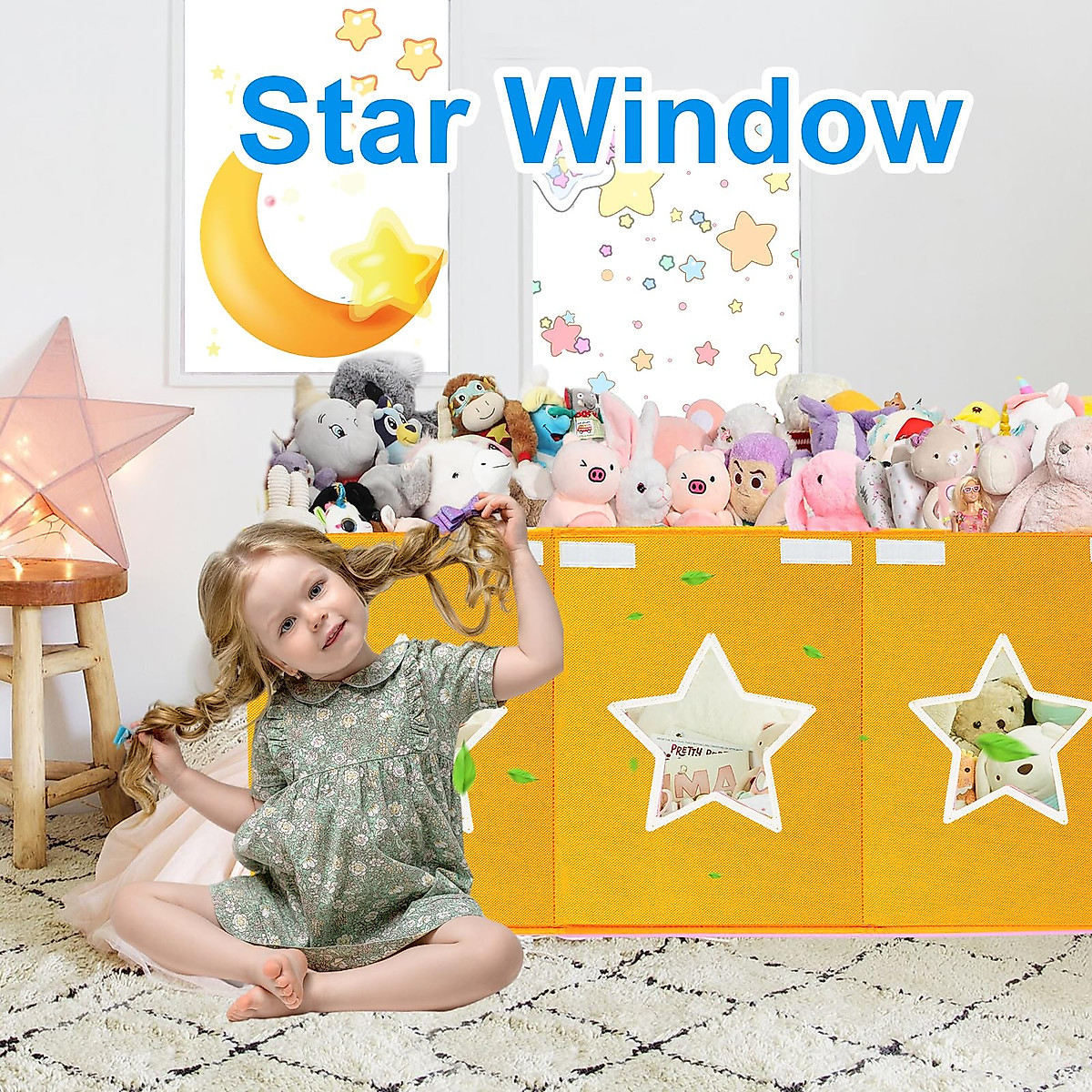 Extra Large Toy Box Chest, Toy Storage Organizer Bins with Transparent Windows, Foldable Storage Box for Kids,Boys,Girls,Toddler,Nursery Room,Playroom(Orange Srar)