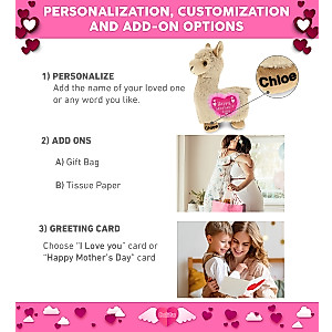 DolliBu Happy Mother's Day Super Soft Plush Beige Llama Figure - Cute Stuffed Animal with Pink Heart Message for Best Mommy, Grandma, Wife, Daughter - 11 Inch